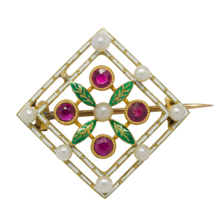 Late Victorian Enamel Pearl and Ruby Brooch at 1stDibs