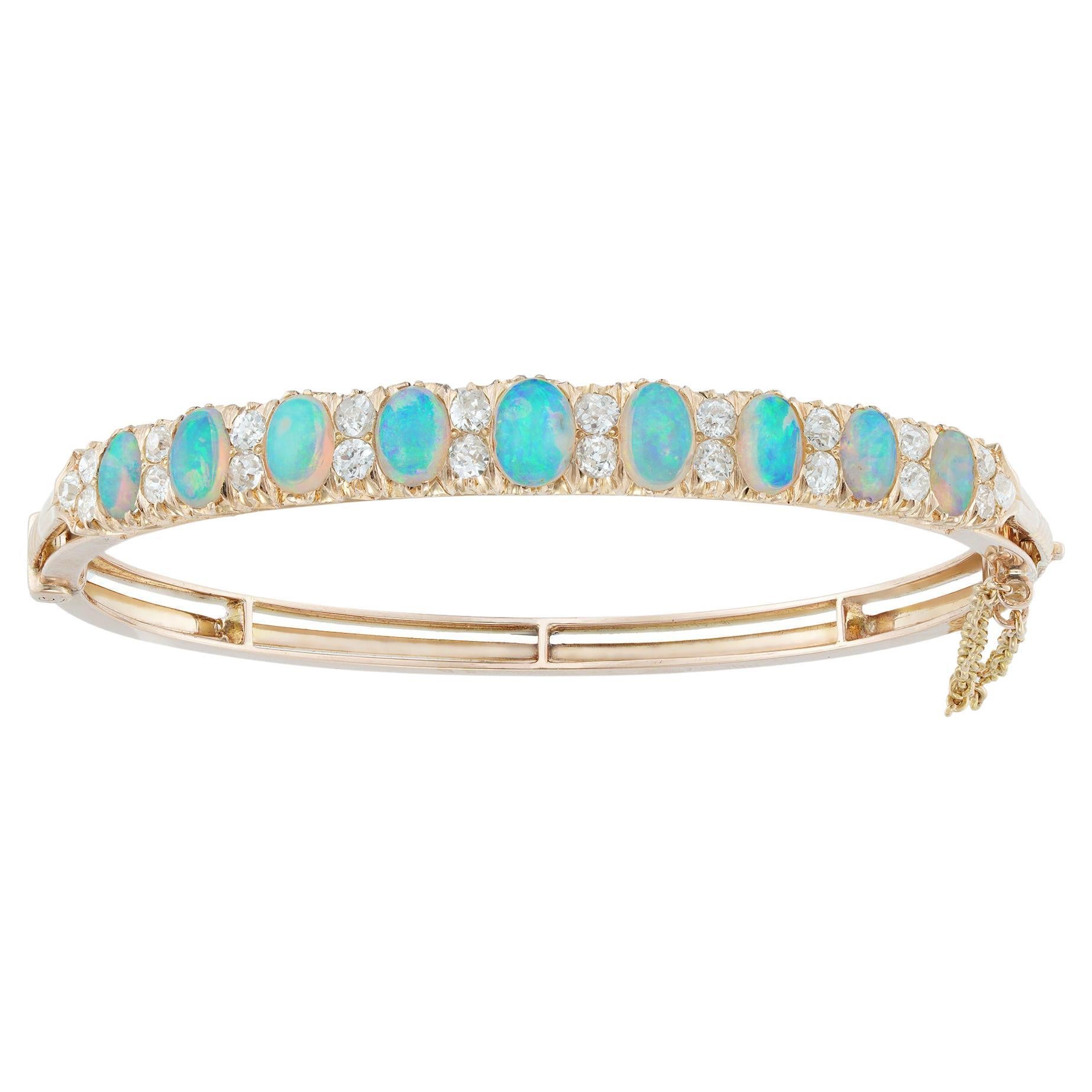 Antique Victorian Opal and Diamond Bangle, 9 Karat Yellow Gold at 1stDibs