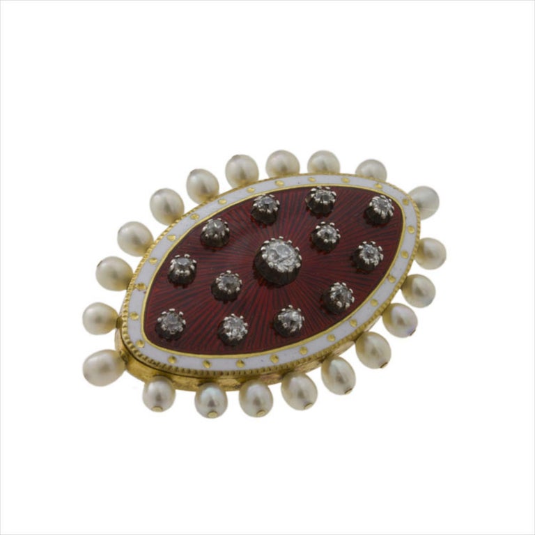 Late Victorian Red Enamel Lozenge-Shaped Brooch For Sale at 1stDibs