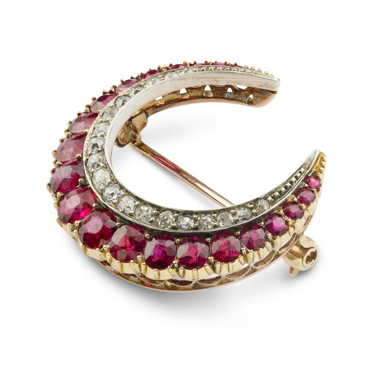 Late Victorian Ruby and Diamond Crescent Brooch For Sale at 1stDibs