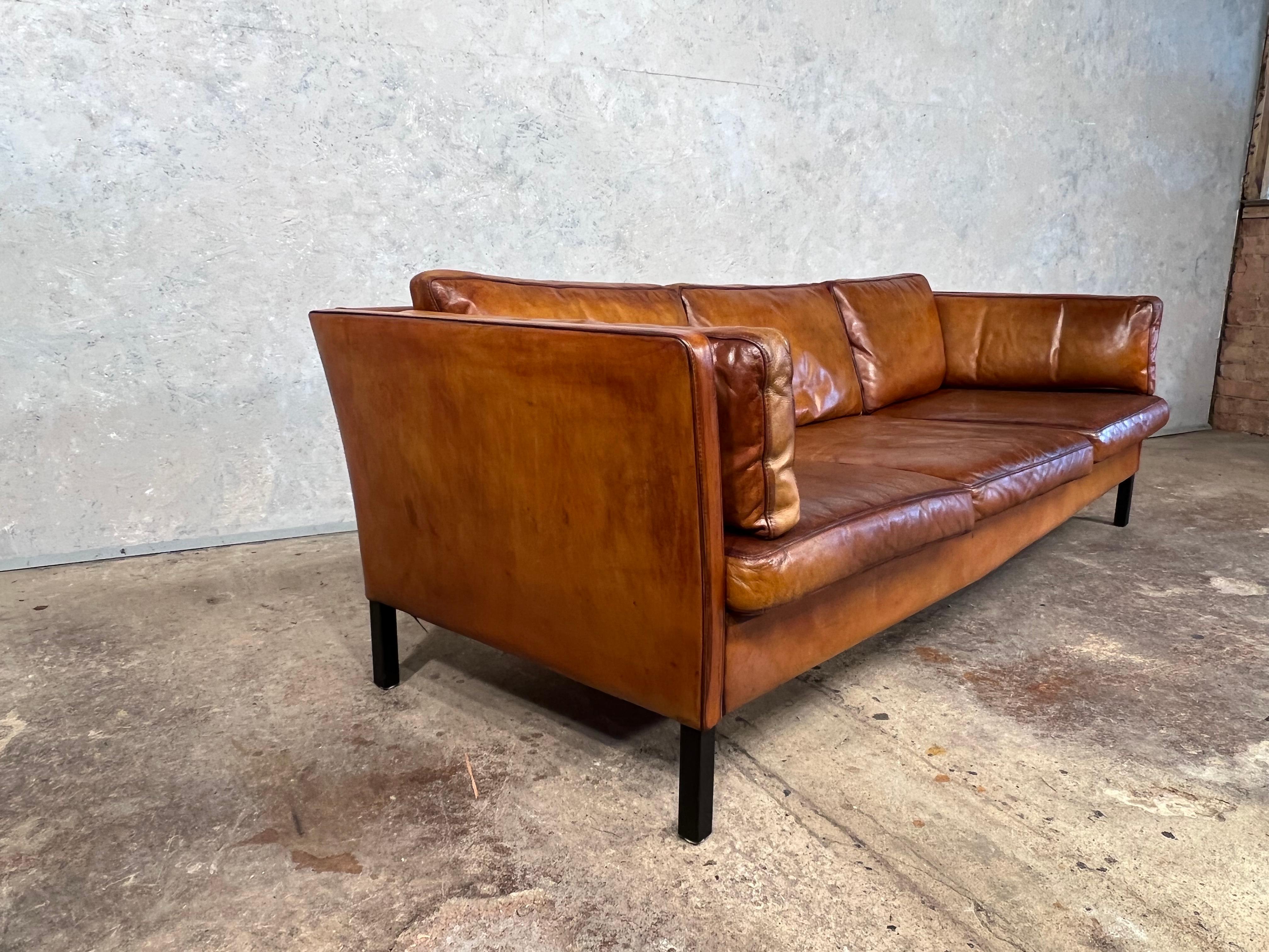 Long Vintage Danish 70s Mid Century Light Tan Three Seater Leather Sofa ...