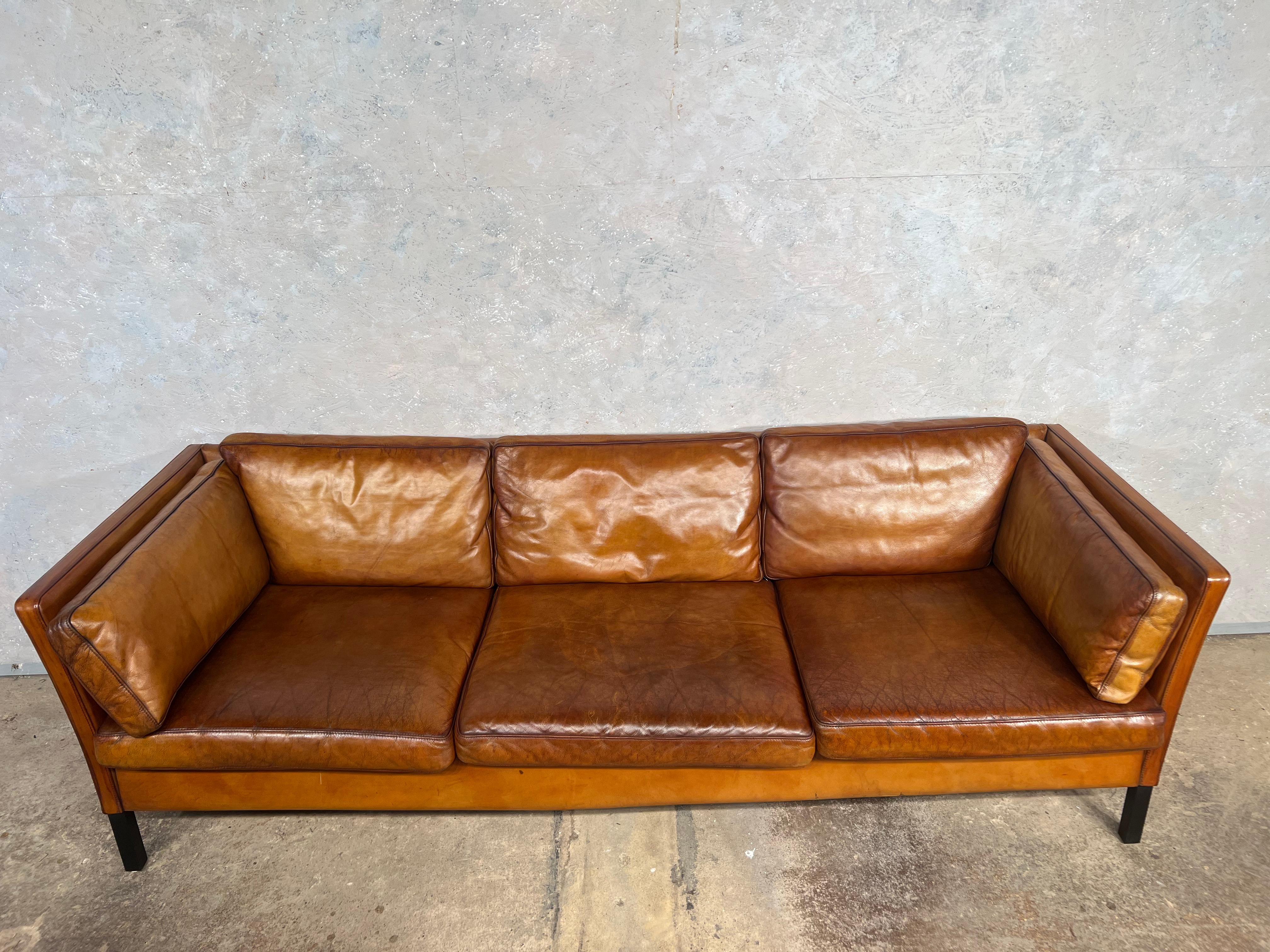 Long Vintage Danish 70s Mid Century Light Tan Three Seater Leather Sofa ...