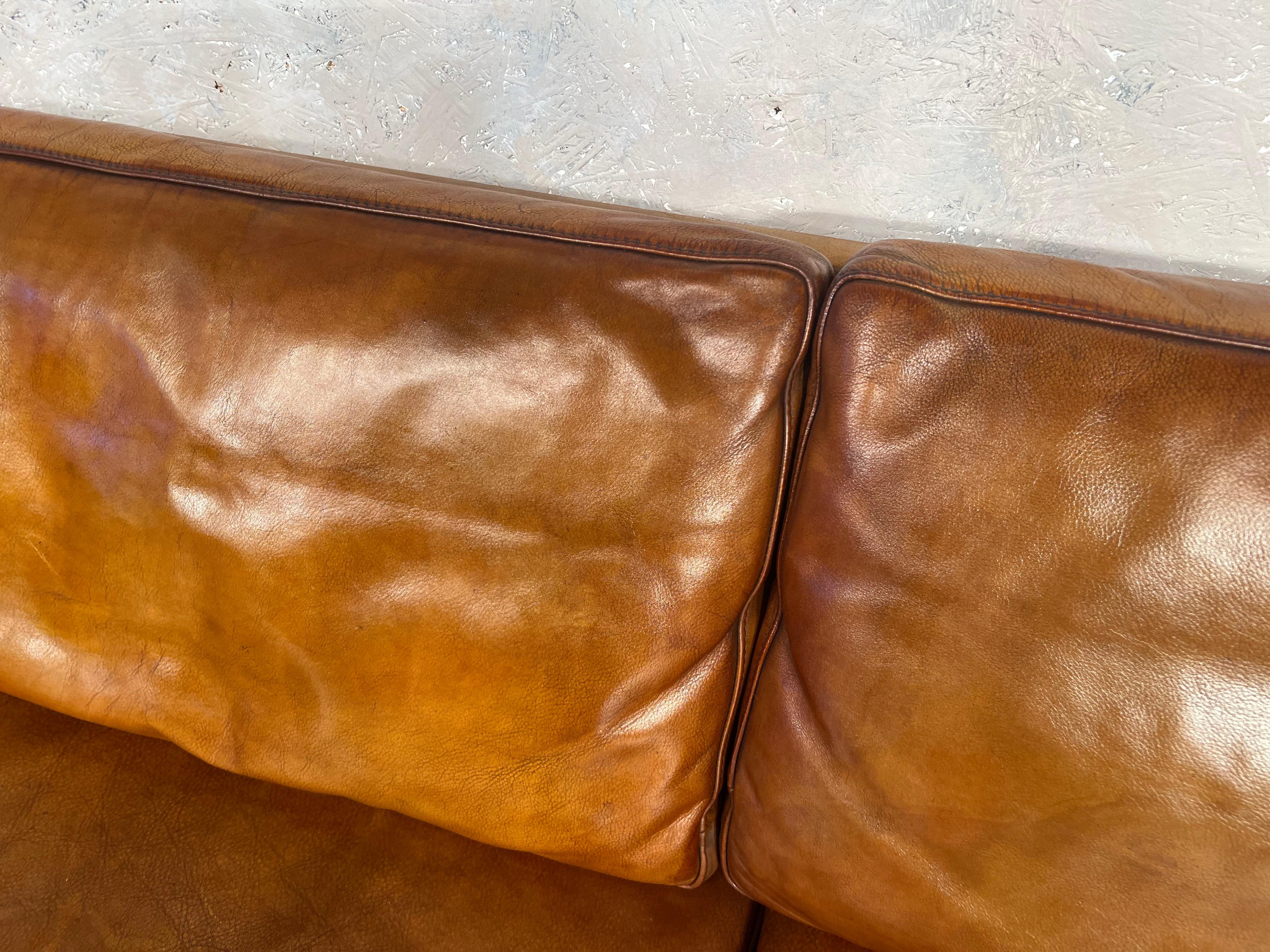 Long Vintage Danish 70s Mid Century Light Tan Three Seater Leather Sofa ...