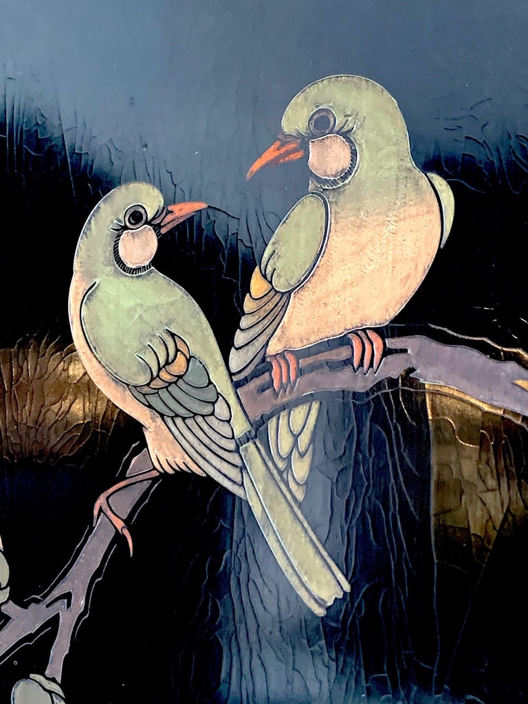 Lovely Four Panel Midcentury Chinese Lacquered Screen with Birds and ...