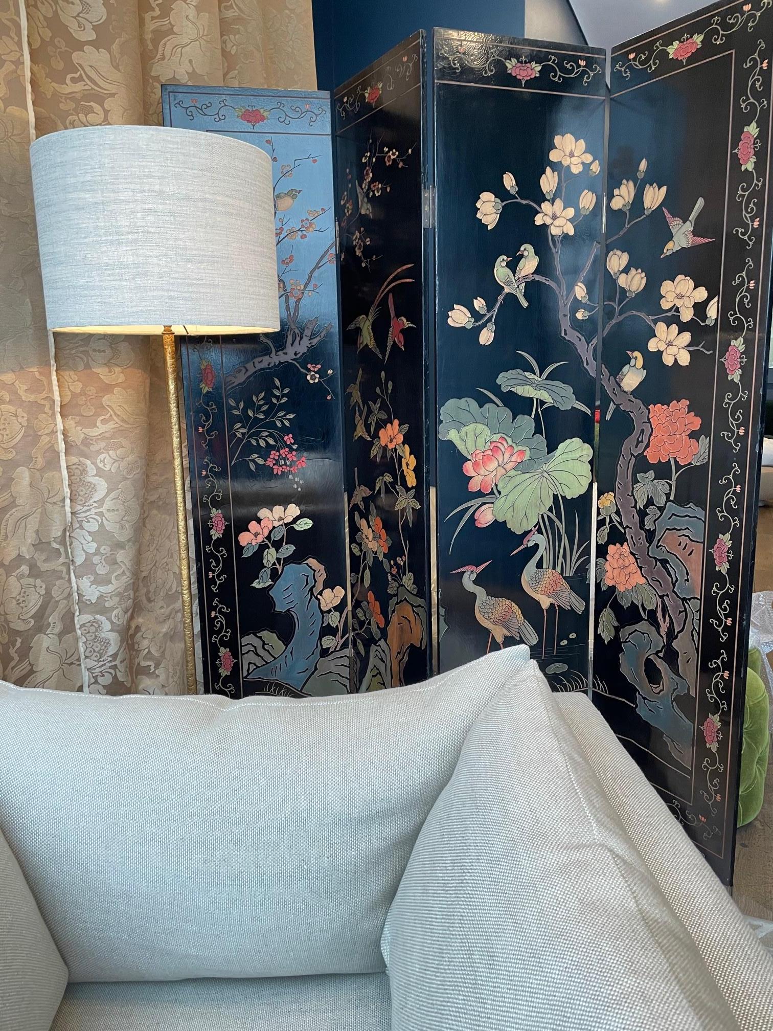 Lovely Four Panel Midcentury Chinese Lacquered Screen with Birds and ...