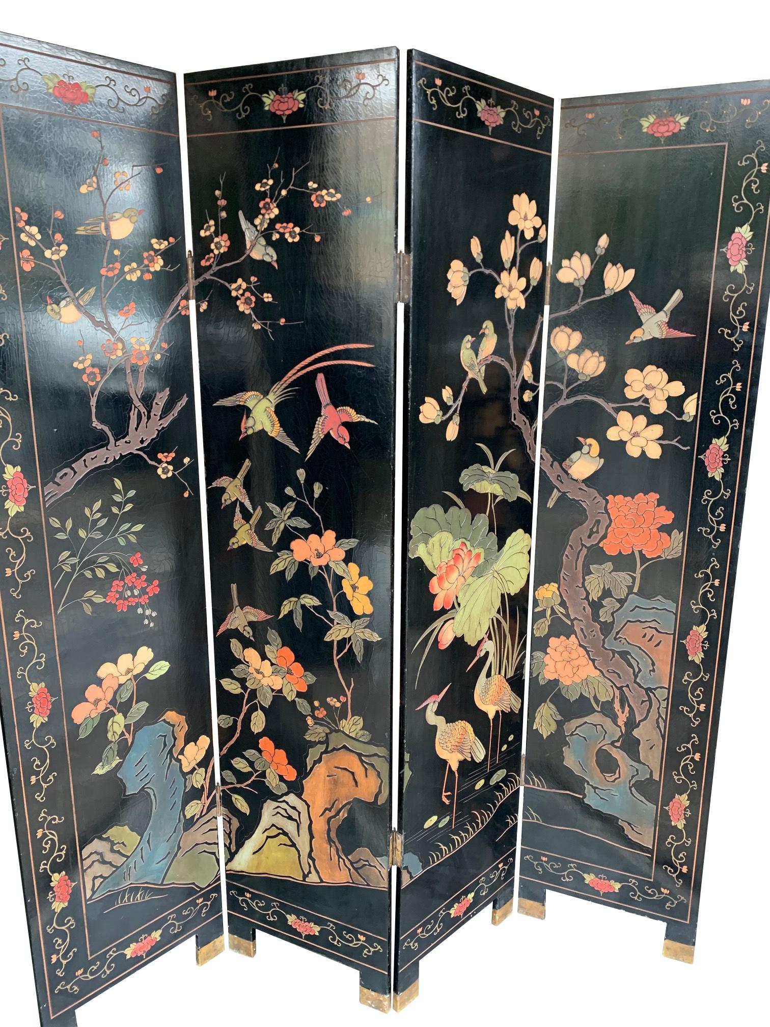 Lovely Four Panel Midcentury Chinese Lacquered Screen with Birds and ...