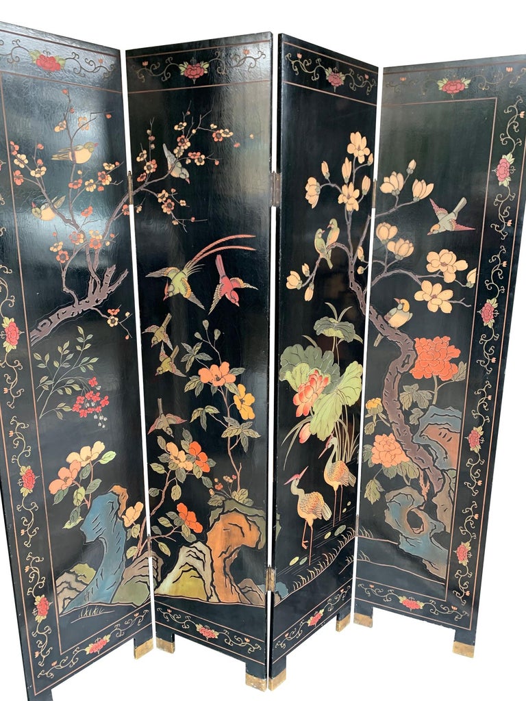 Lovely Four Panel Midcentury Chinese Lacquered Screen with Birds and ...