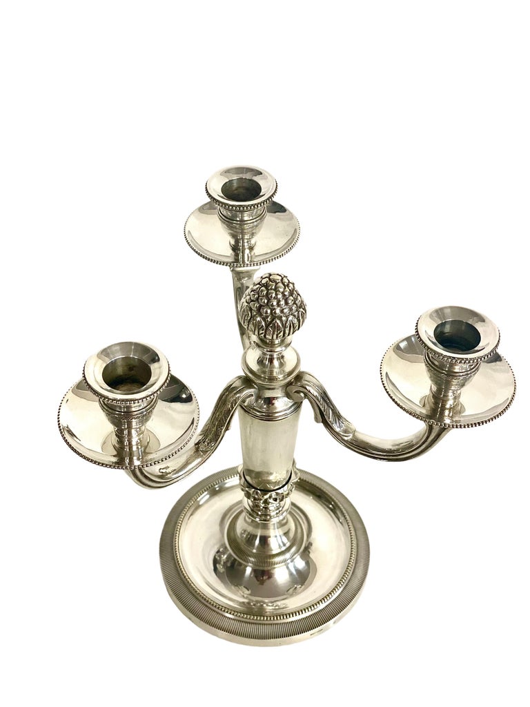Pair of Silver Plated Chrysalia 3 light Candelabras For Sale at 1stDibs