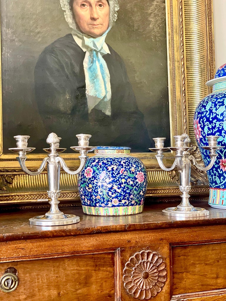 Pair of Silver Plated Chrysalia 3 light Candelabras For Sale at 1stDibs