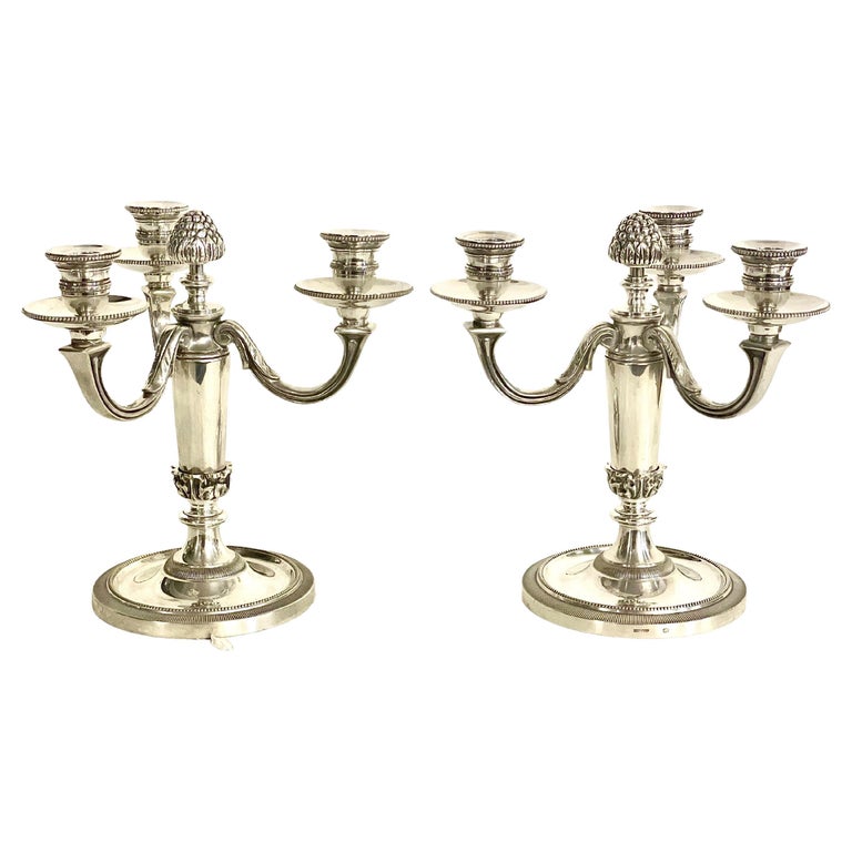 Pair of Silver Plated Chrysalia 3 light Candelabras For Sale at 1stDibs