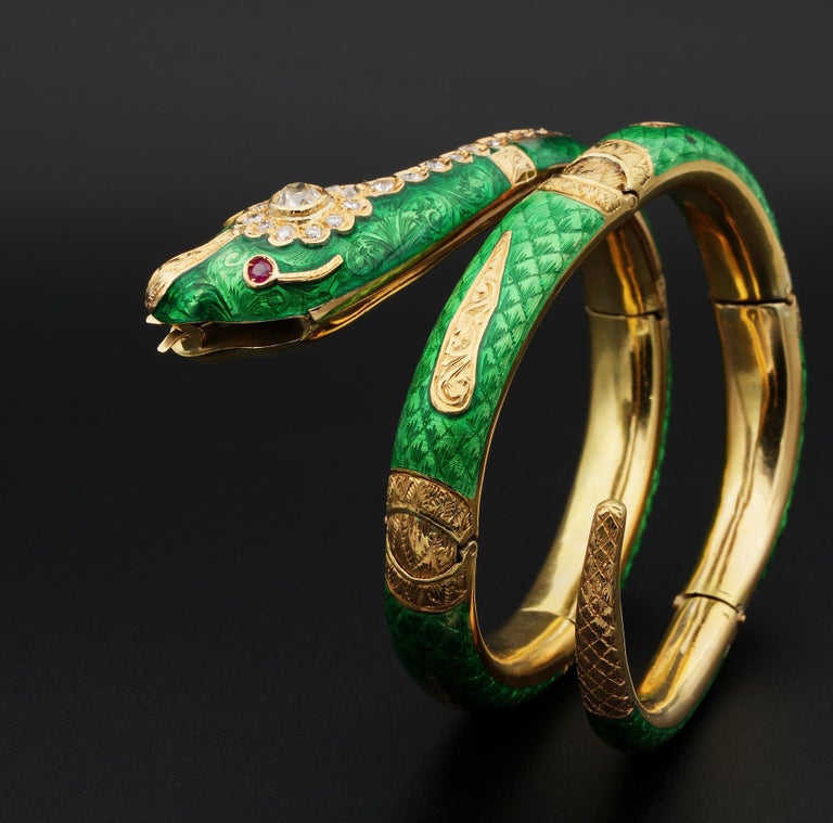 Magnificent Victorian Green Enamel Diamond Ruby Rare Snake Bracelet For ...