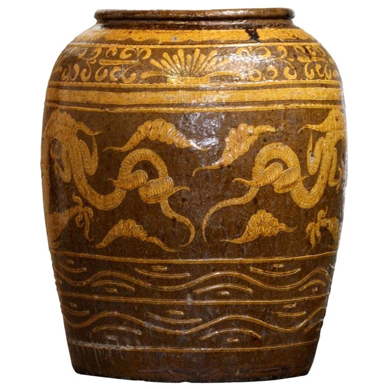 Massive Antique Chinese Earthenware Martaban Dragon Jar For Sale at 1stDibs