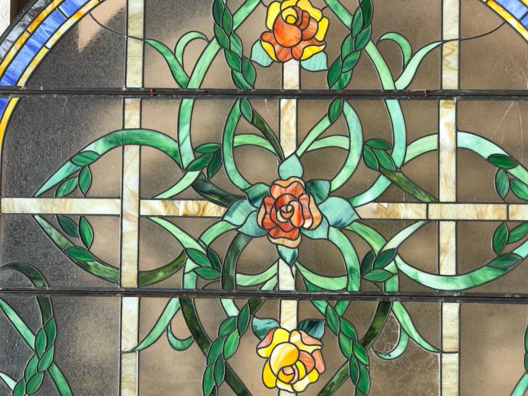 Massive Architectural 1970’s Six Panel Stained Glass Oval Window / Drop ...