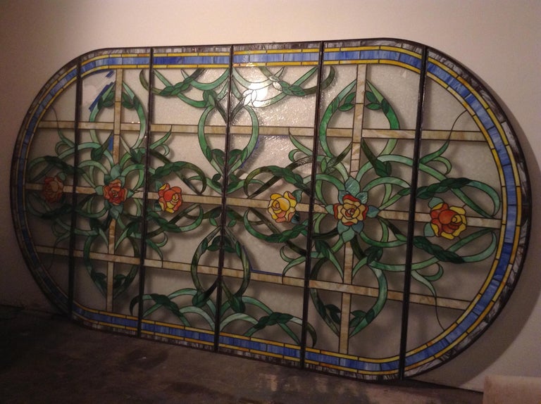 Massive Architectural 1970’s Six Panel Stained Glass Oval Window / Drop ...