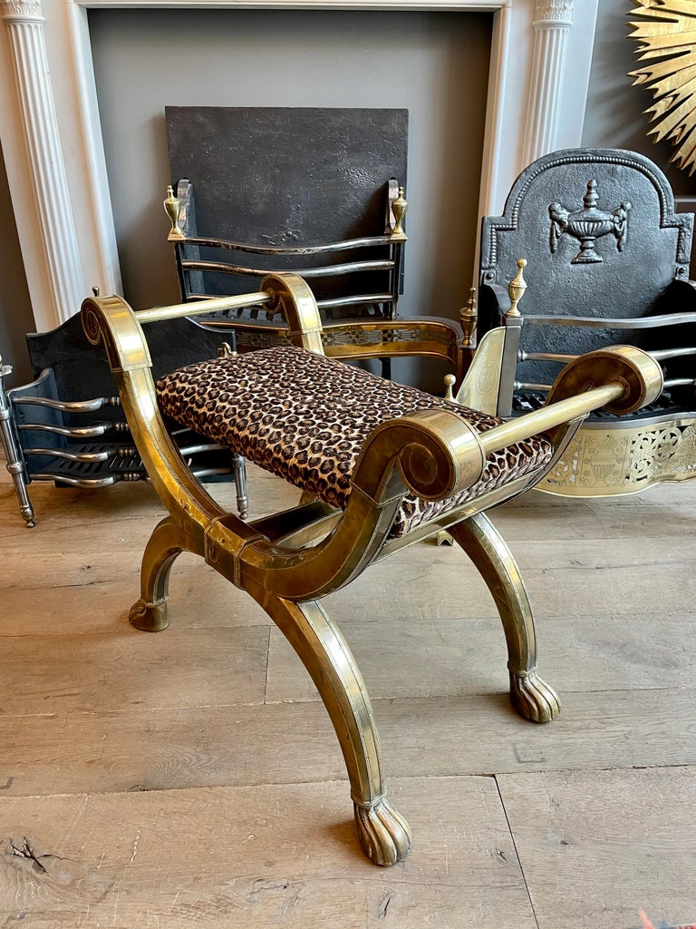 Mid Century Brass and Velvet X Base Stool at 1stDibs