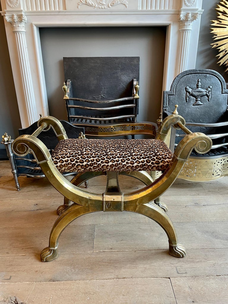 Mid Century Brass and Velvet X Base Stool at 1stDibs