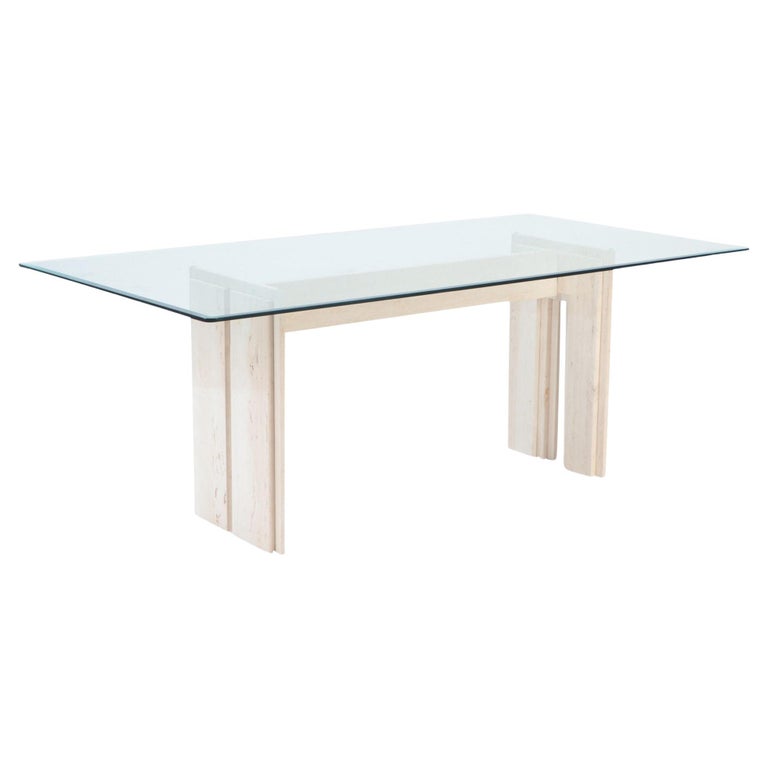 Mid-Century Modern Italian Travertine Console Pedestal Table with Glass ...
