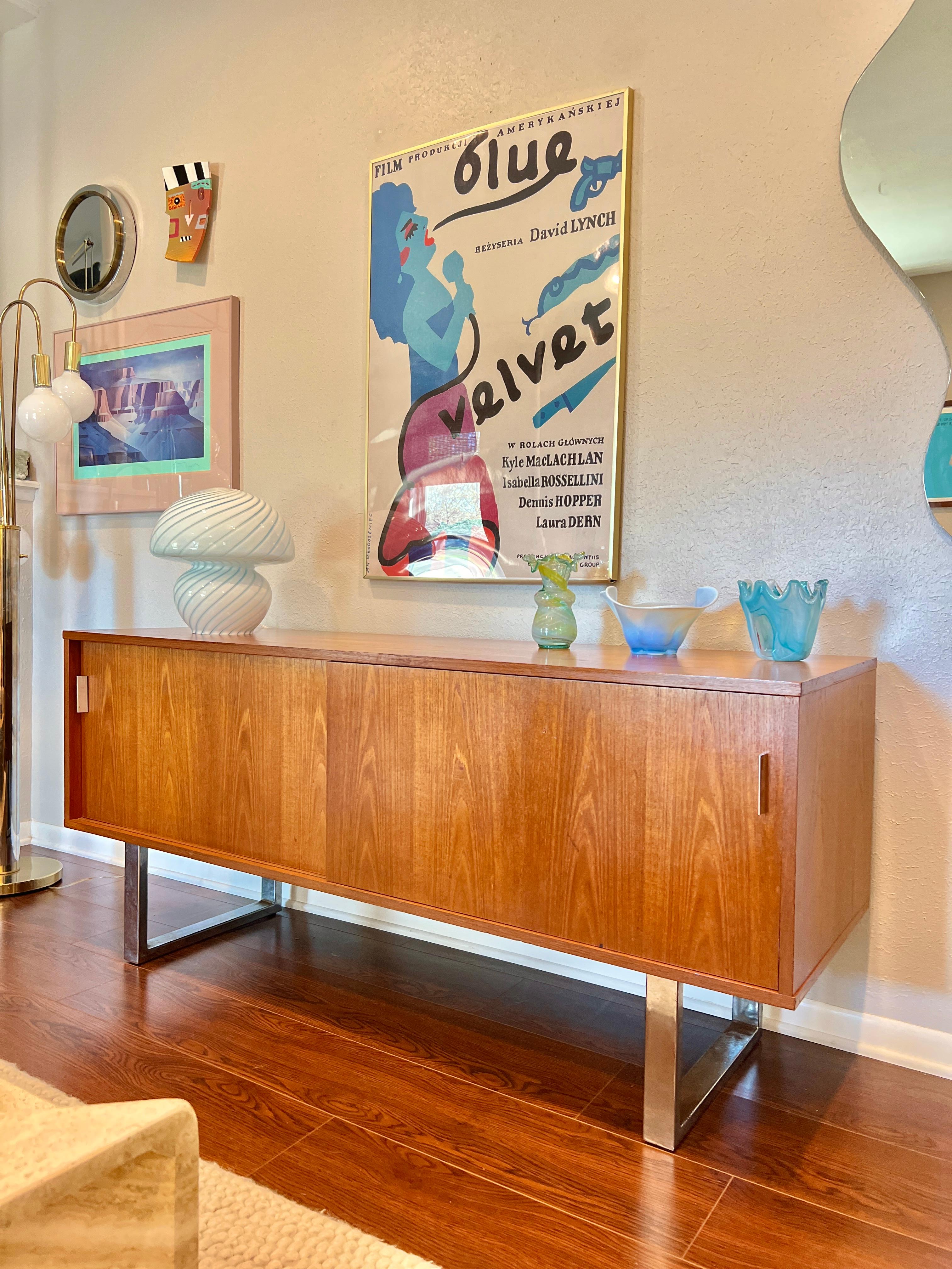 Mid-Century Modern Sideboard with Sliding Doors and on Chrome Sleigh ...