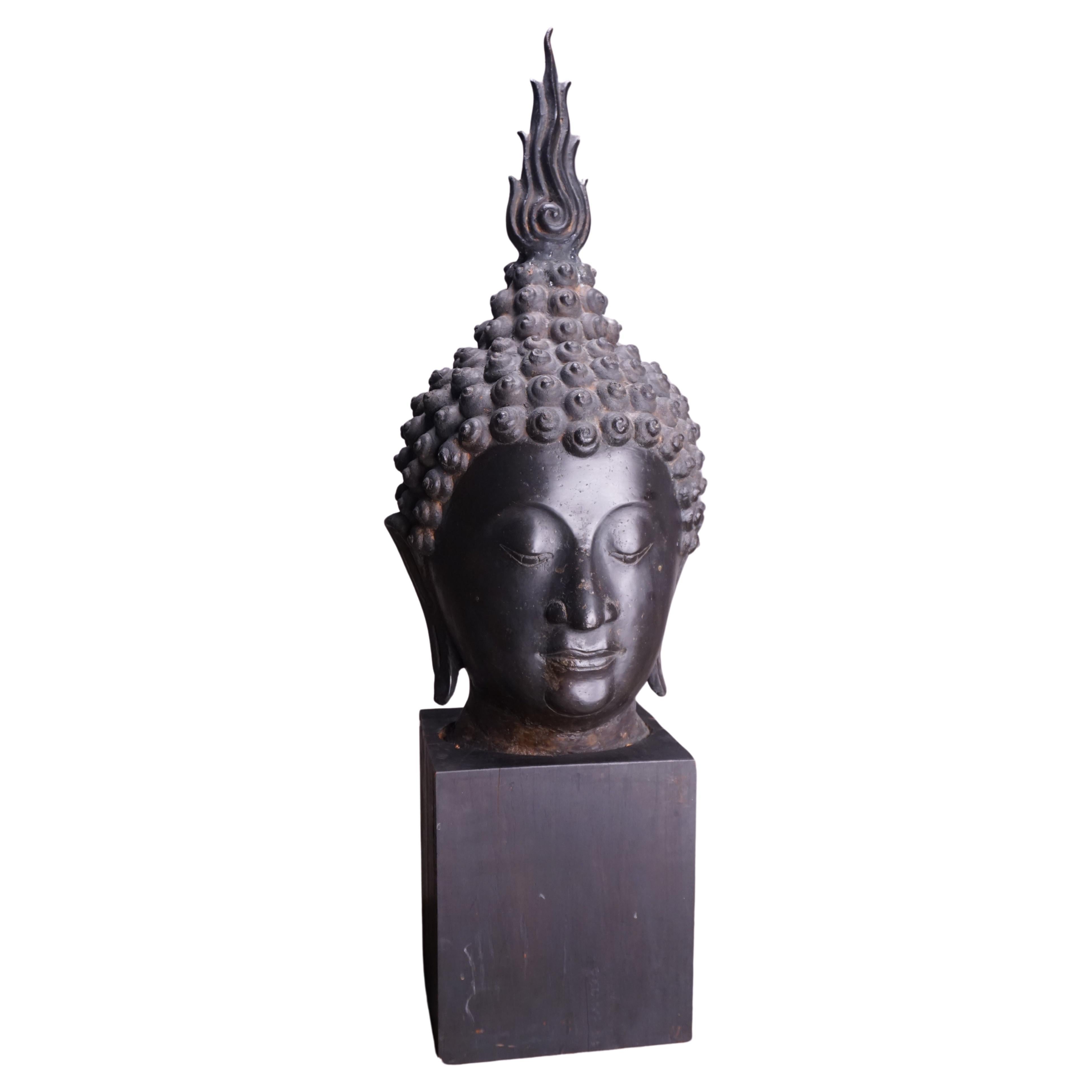 A Monumental 18th C. Thai Buddha Head Temple Fragment on Teak Stand For ...