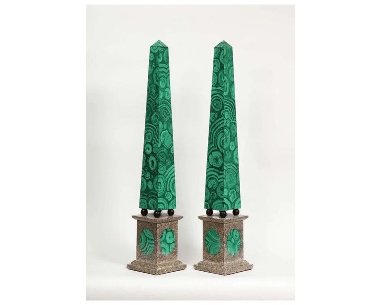 A Monumental Pair of Faux Malachite Painted Obelisks For Sale at 1stDibs