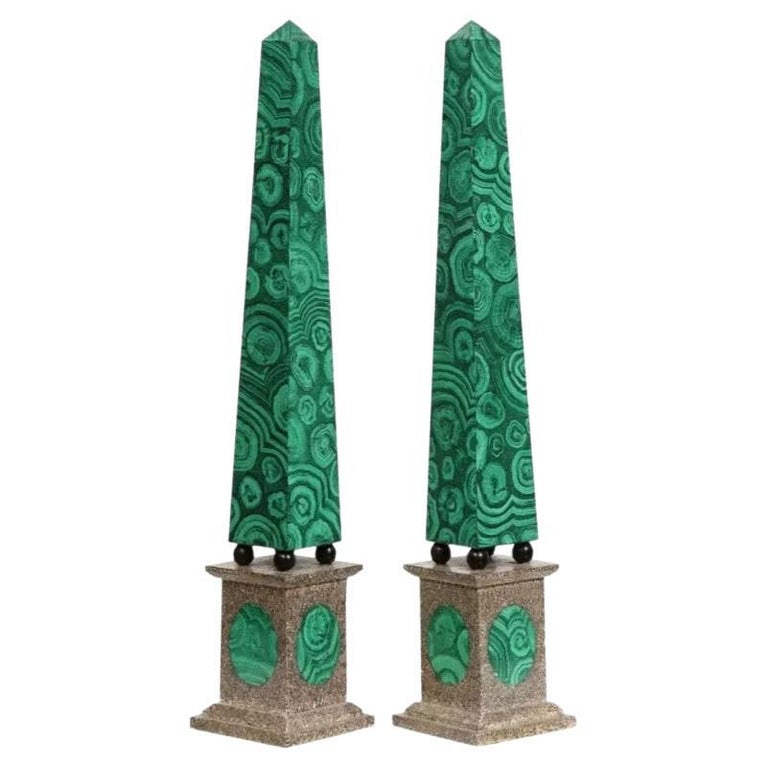 A Monumental Pair of Faux Malachite Painted Obelisks For Sale at 1stDibs