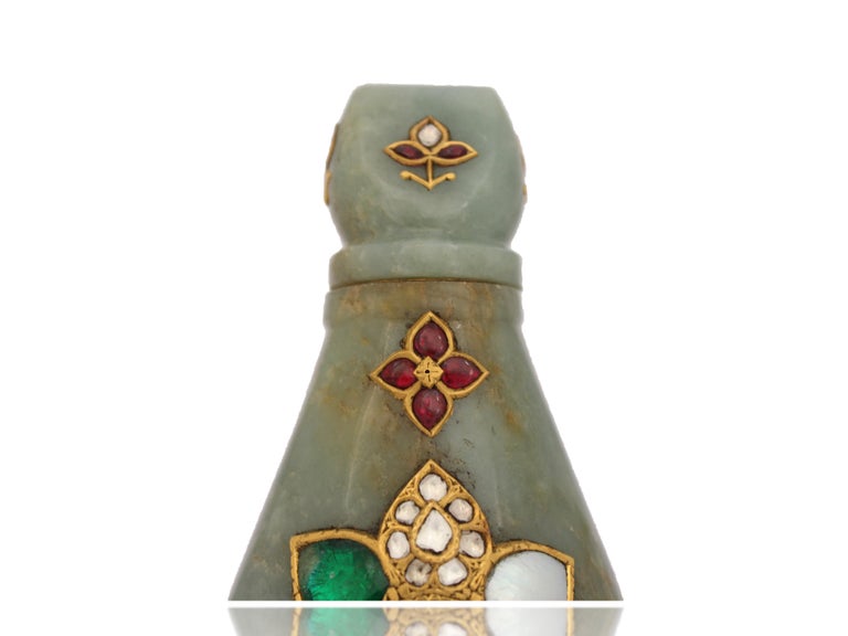 Mughal Jadeite Jade Whiskey Flask Encrusted with Nine Gemstones and ...