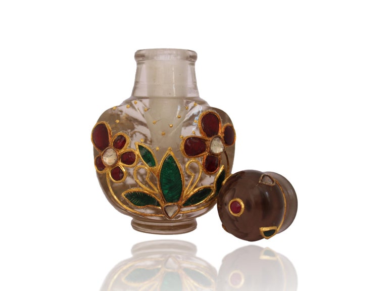 Mughal Natural Rock Crystal Perfume Flask Inlaid with Gold and Rubies ...