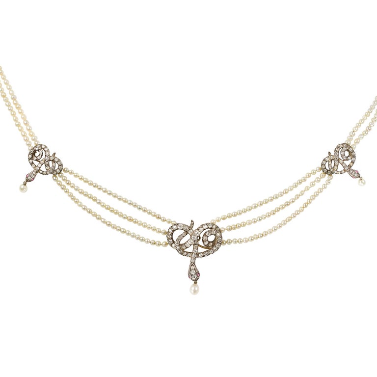 Natural Pearl Necklace with Diamond Set Snakes For Sale at 1stDibs