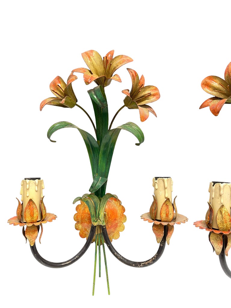 Pair Florentine Flower and Leaf Two-Light Wall Light Sconce Vintage ...