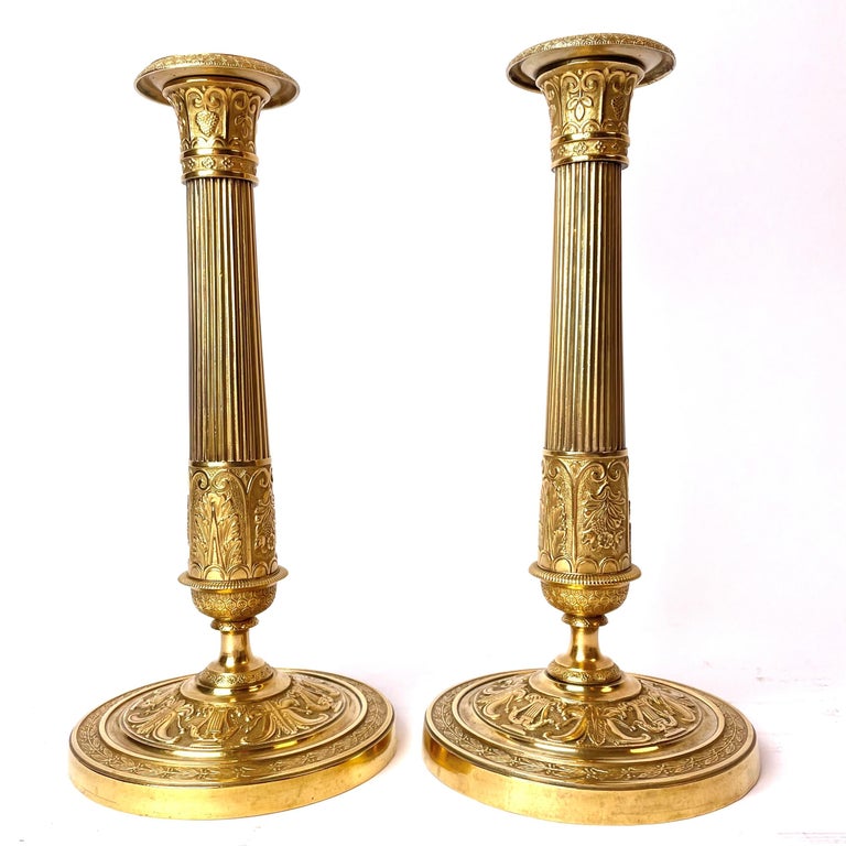 Pair Gilt Bronze Candlesticks Signed by Mene from 1830s For Sale at 1stDibs