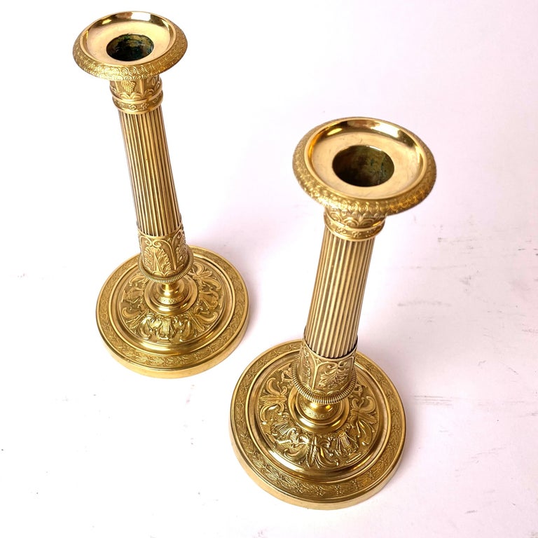 Pair Gilt Bronze Candlesticks Signed by Mene from 1830s For Sale at 1stDibs
