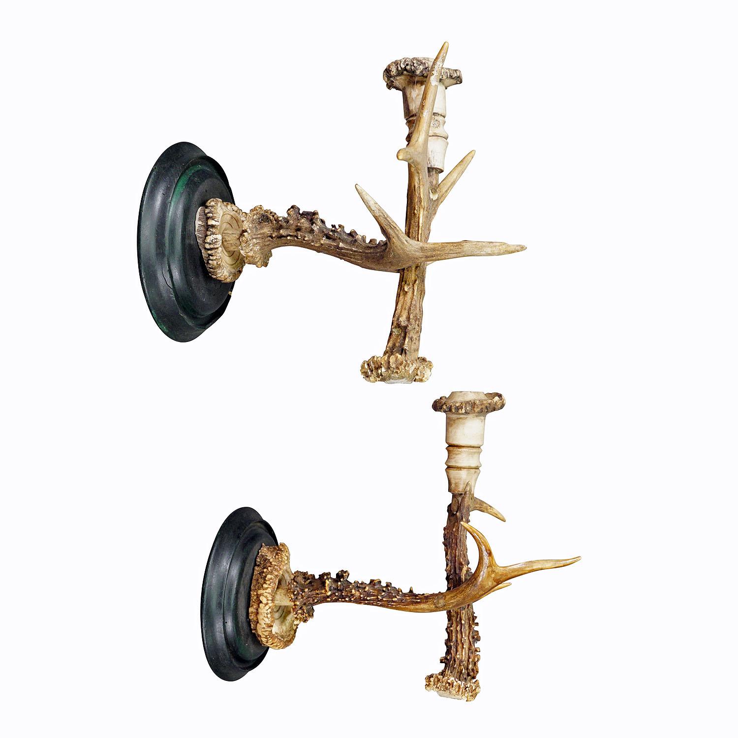 A Pair Great Black Forest Wall Sconces with Deer Antlers, Germany ca. 1900 For Sale at 1stDibs