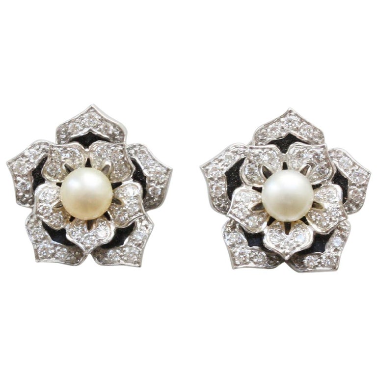 Pair of 14 Carat Gold Lotus Earrings with Diamond, Pearls and Black ...