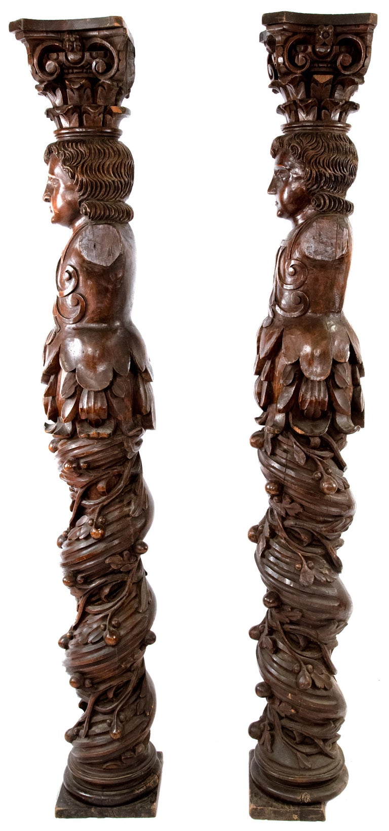 Pair of 17th Century Carved Oak Figural Solomonic Columns at 1stDibs