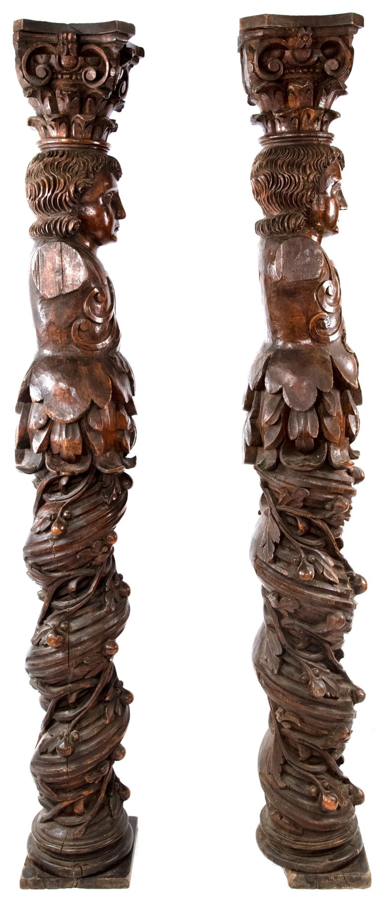 Pair of 17th Century Carved Oak Figural Solomonic Columns at 1stDibs