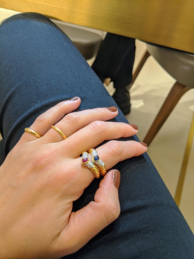 Pair of 18 Karat Yellow Gold, Diamond Ruby and Sapphire Nesting Rings ...