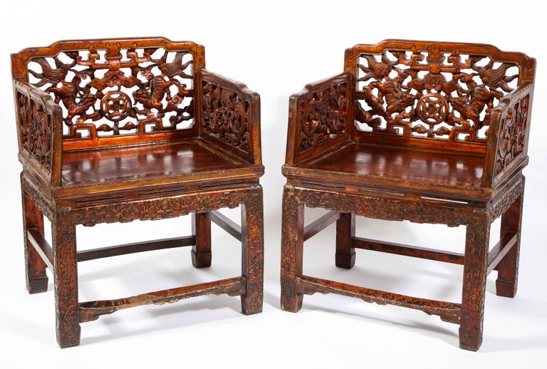 Pair of 18th/19th Century Chinese Lacquered Hardwood Open Work Throne ...