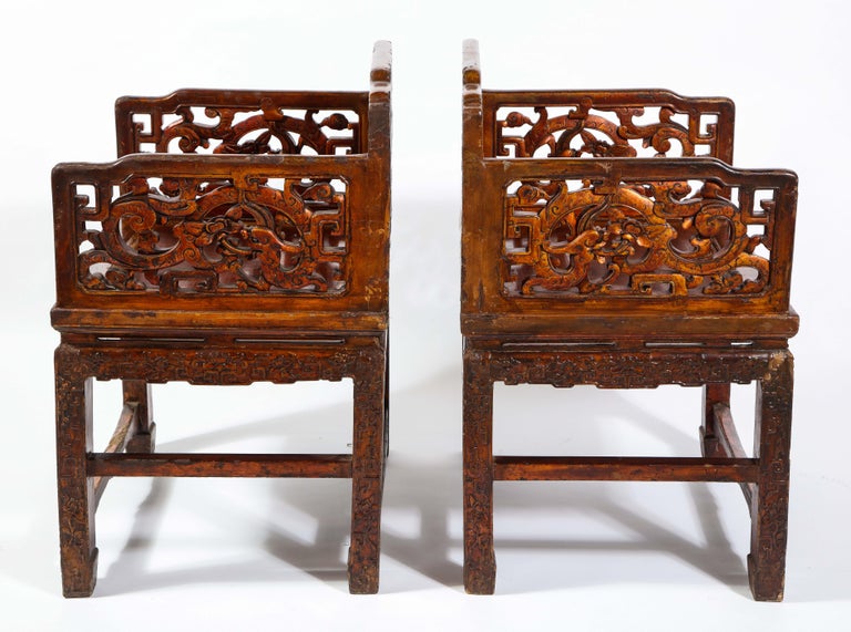 Pair of 18th/19th Century Chinese Lacquered Hardwood Open Work Throne ...
