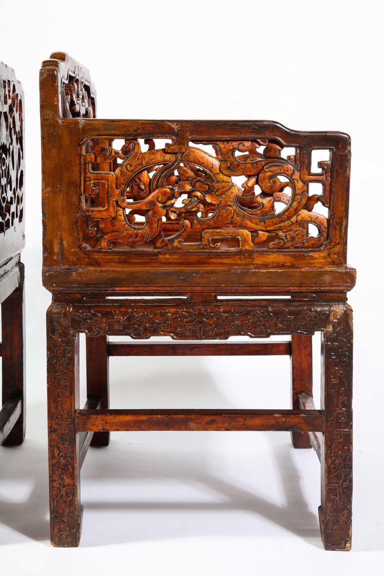 Pair of 18th/19th Century Chinese Lacquered Hardwood Open Work Throne ...
