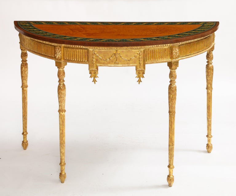 A Pair of 18th C. George III Gilt-Wood Demi-lune Consoles tables w ...
