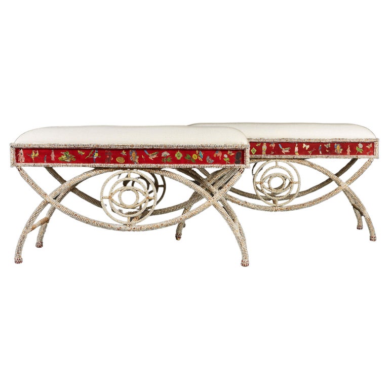 Pair of 1940s Glass Beaded Stools For Sale at 1stDibs