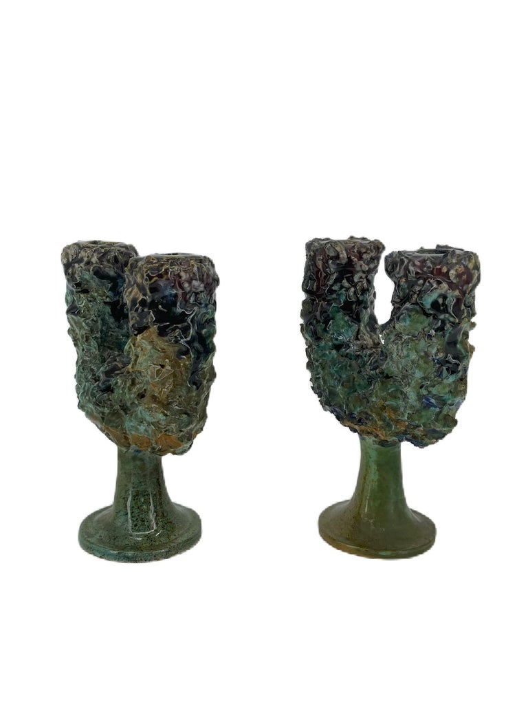 Pair of 1960s Brutalist Style Ceramic Candelabra from Caltagirone CCA ...
