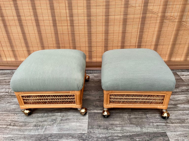 Pair of 1980s Coastal Style Upholstered Rattan Foot Stools with Casters ...