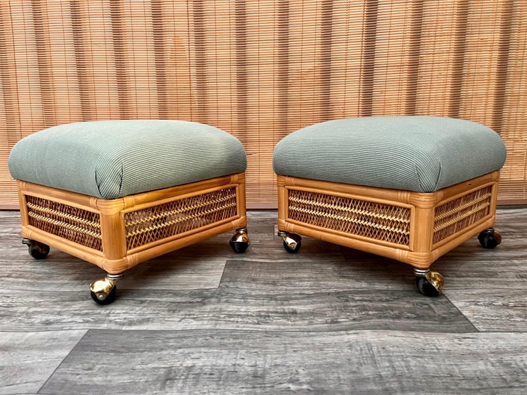 Pair of 1980s Coastal Style Upholstered Rattan Foot Stools with Casters ...