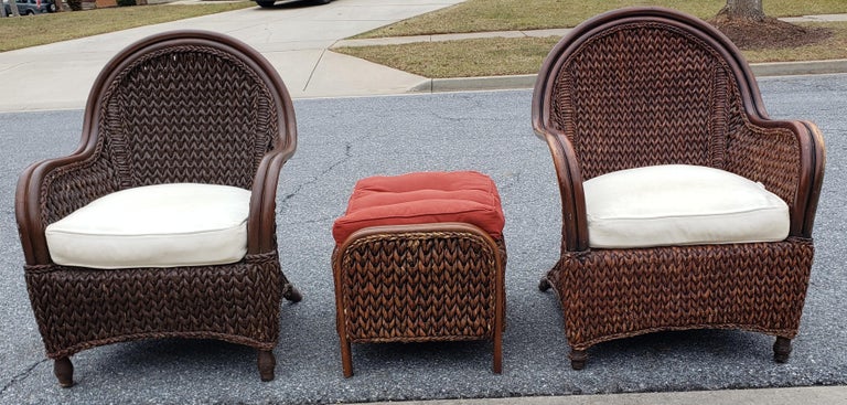 A Pair of 1980s Rattan and Rush Lounge Chairs with Ottoman Set For Sale ...