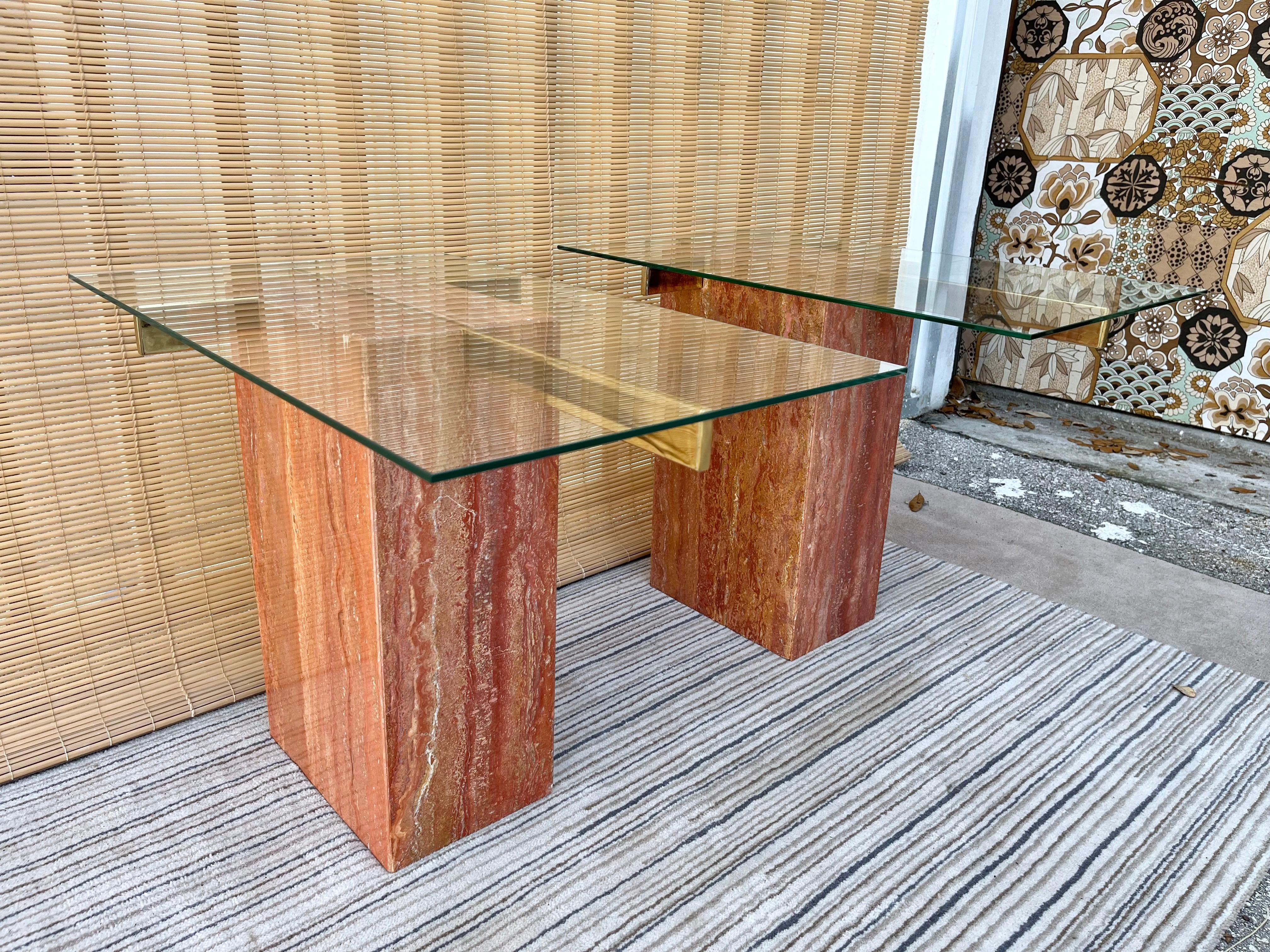 Pair of 1980s Red Travertine and Brass Post Modern Italian Side Tables ...
