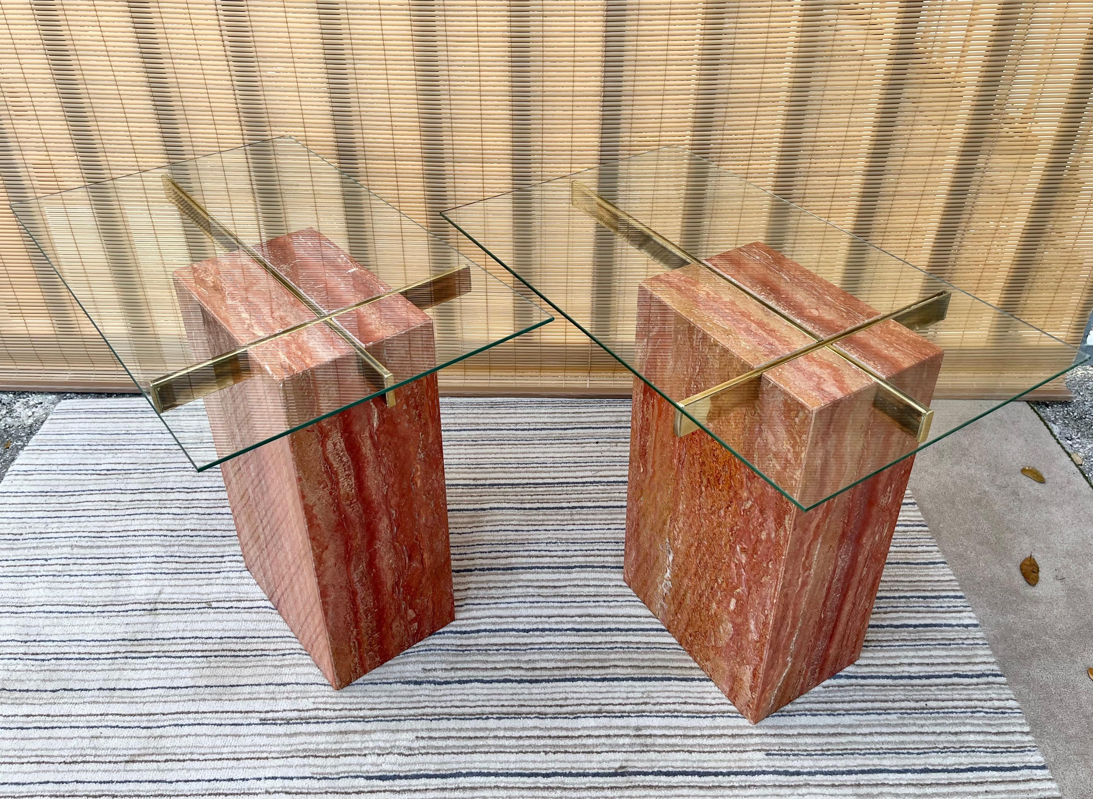 Pair of 1980s Red Travertine and Brass Post Modern Italian Side Tables ...