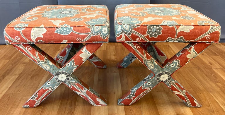 Pair of 1980s Vintage Classic X Base Ottomans For Sale at 1stDibs