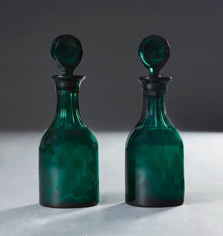 Pair of 19th Century Bristol Green Glass Decanters For Sale at 1stDibs