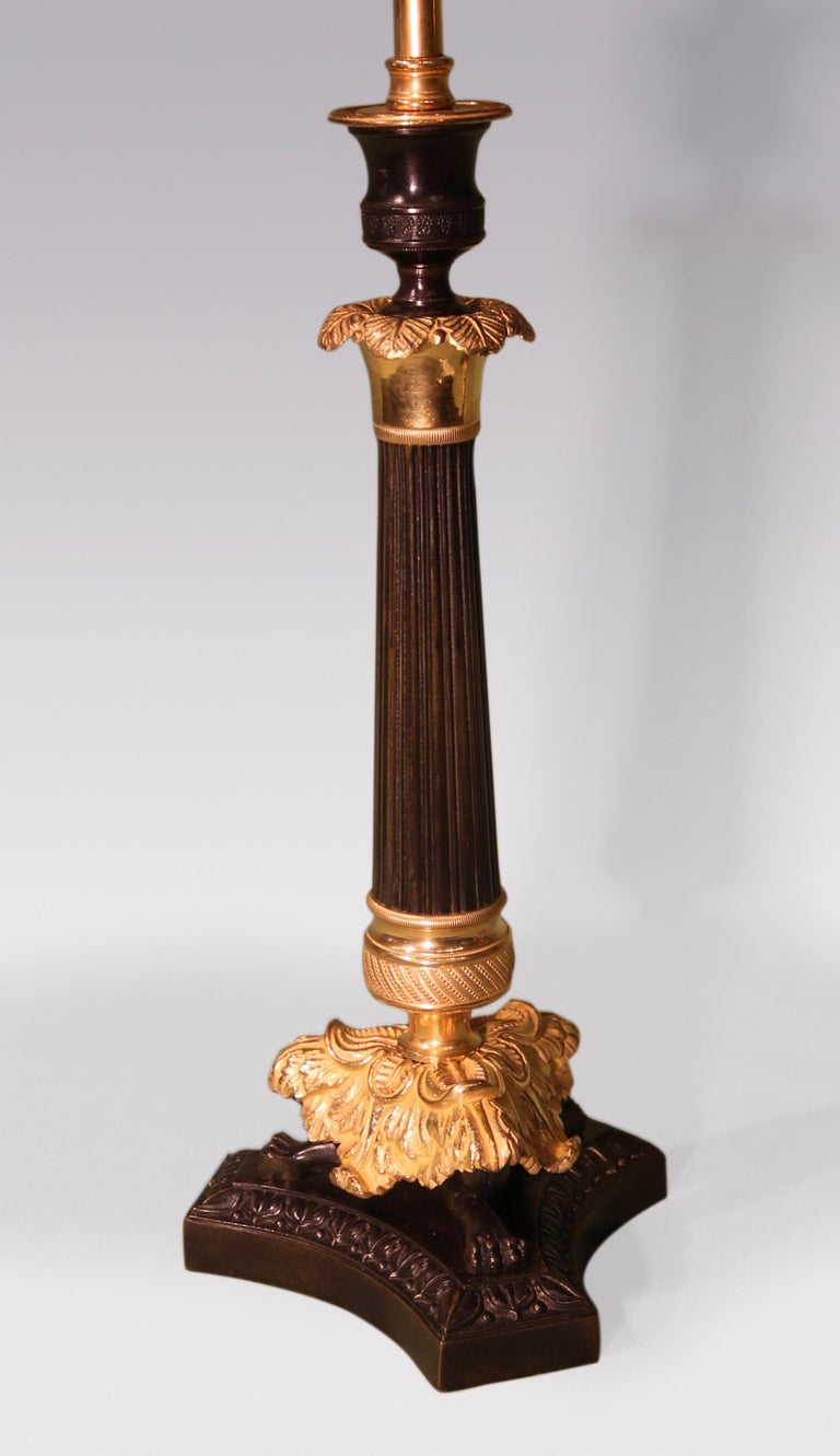 Pair of 19th Century Bronze and Ormolu Triform Base Candlestick Lamps ...